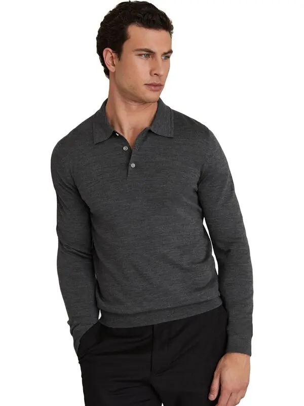 REISS Trafford Merino Wool Long-sleeve Polo Shirt - Derby Grey Marl