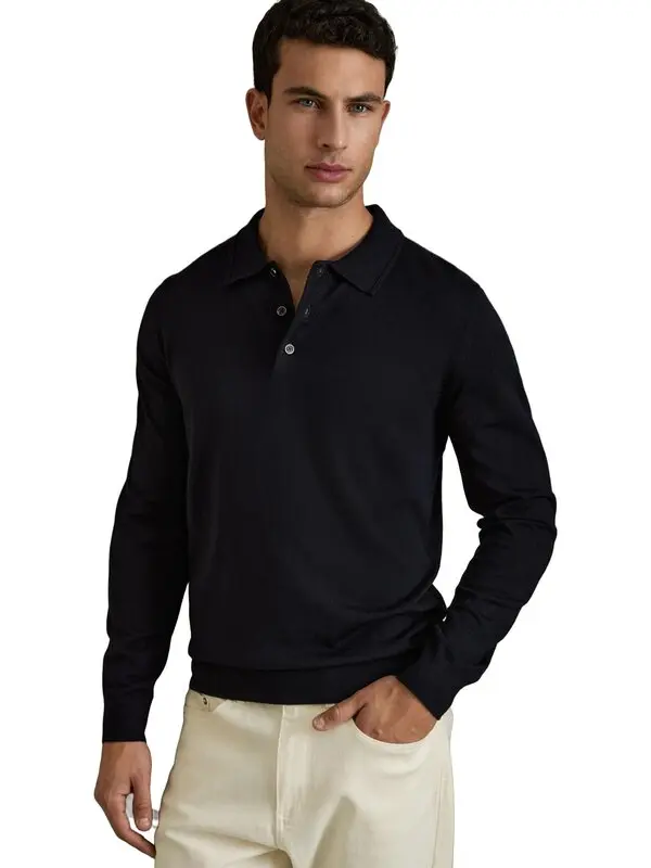 REISS Trafford Merino Wool Long-sleeve Polo Shirt - Navy