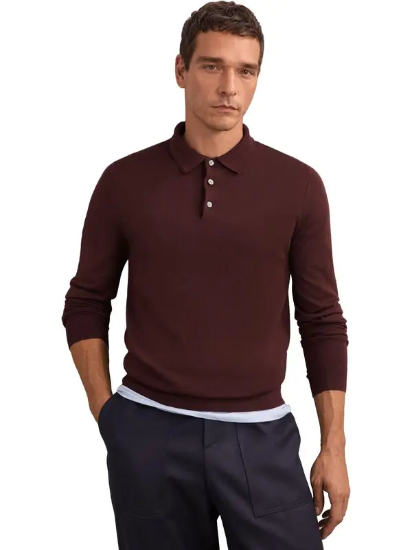 REISS Trafford Merino Wool Long-sleeve Polo Shirt - Port Red
