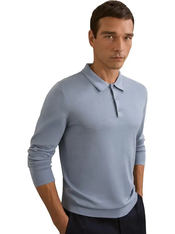 REISS Trafford Merino Wool Long-sleeve Polo Shirt - Steel Blue