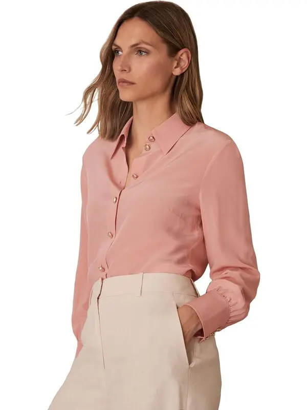 REISS Gianna Silk Embossed-button Shirt - Pink