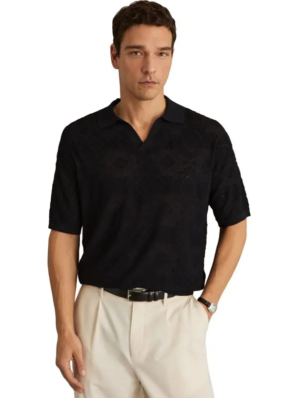 REISS Banks Jacquard Loop-stitch Polo Shirt - Navy