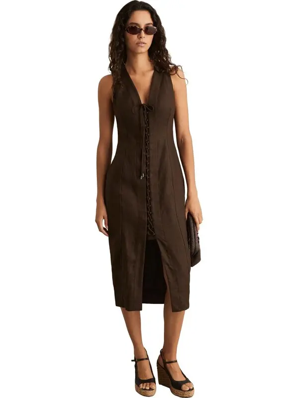 REISS Amelia Lattice-front Midi Dress - Chocolate Brown