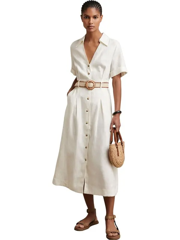 REISS Anita Linen Belted Midi Shirt Dress - Ivory