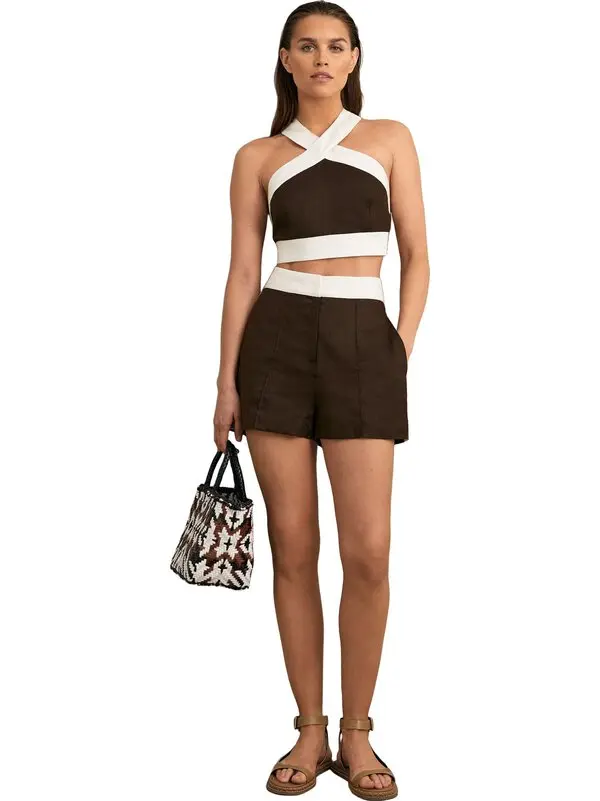 REISS Linen Colorblock Shorts - Chocolate/cream