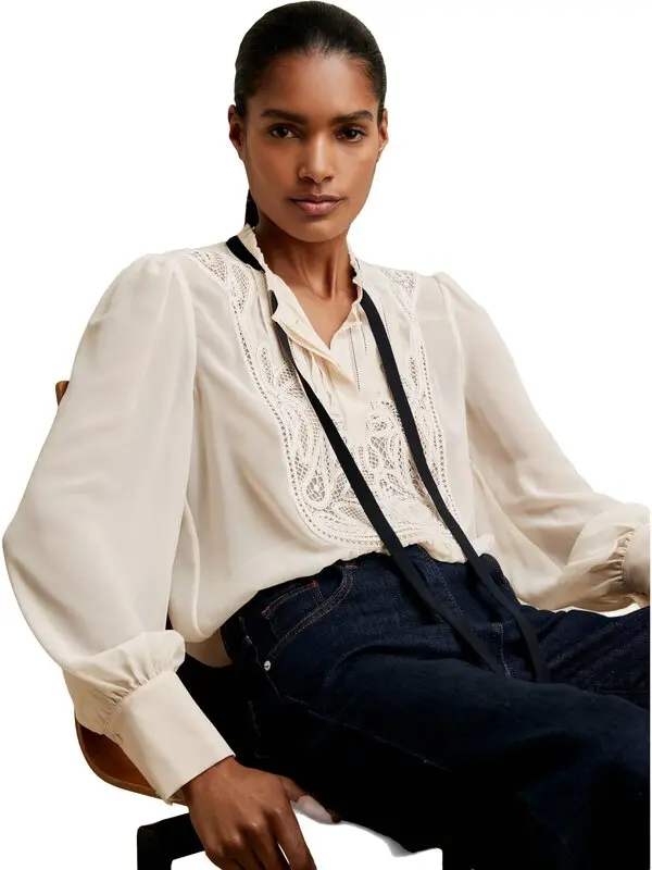 REISS Sara Lace-embroidered Tie-neck Shirt - Cream