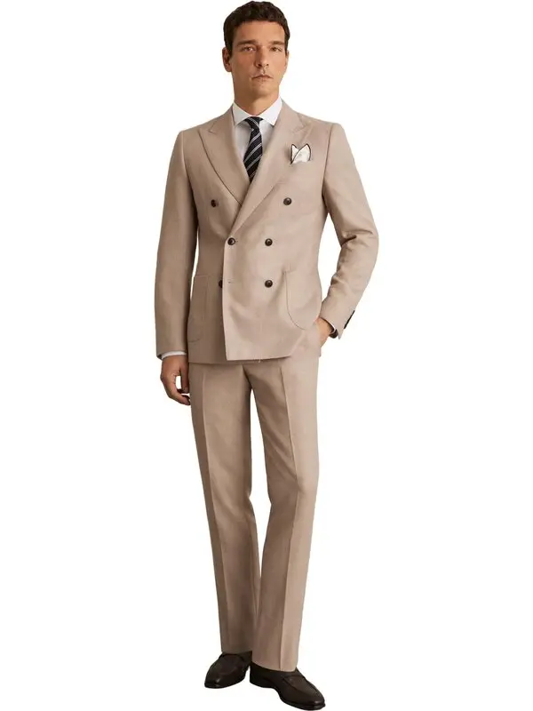 REISS Venus Slim-fit Wool-blend Double-breasted Suit Blazer - Oatmeal Brown