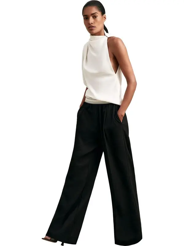 REISS Wide-leg Trousers With Contrast Waistband - Black