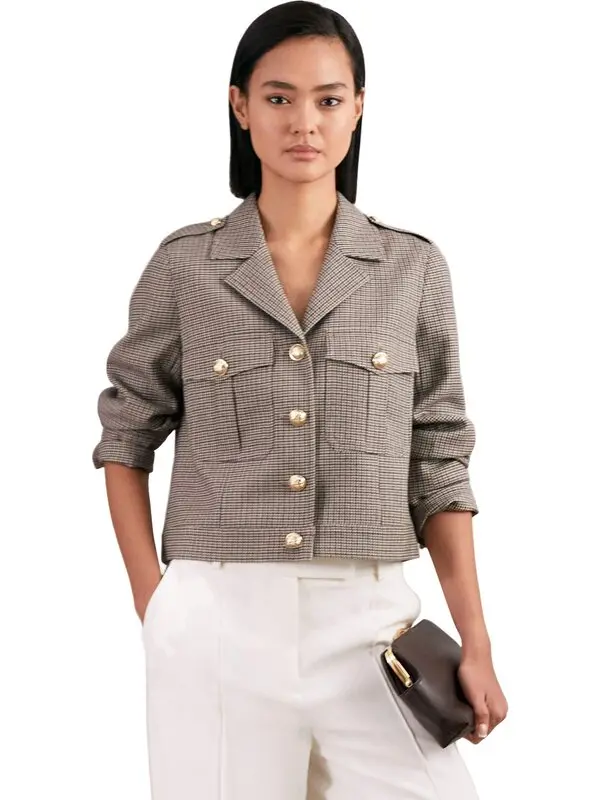 REISS Wool Twill Cropped Jacket - Neutral Check