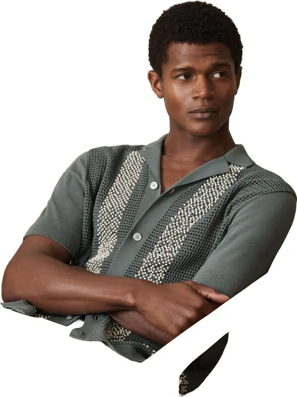 REISS Accra | Ché Beaded Crochet Shirt - Sage