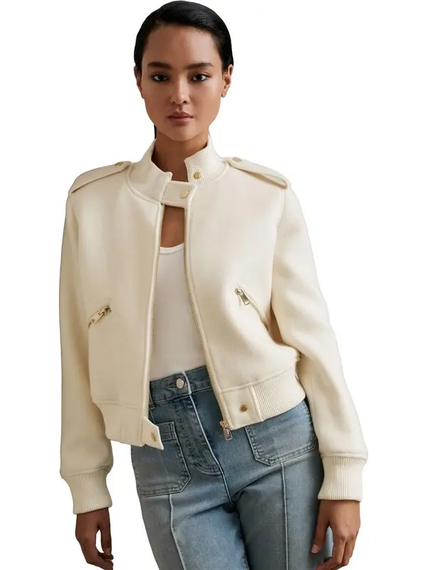 REISS Cleo Brushed Wool Epaulette Bomber Jacket - Cream