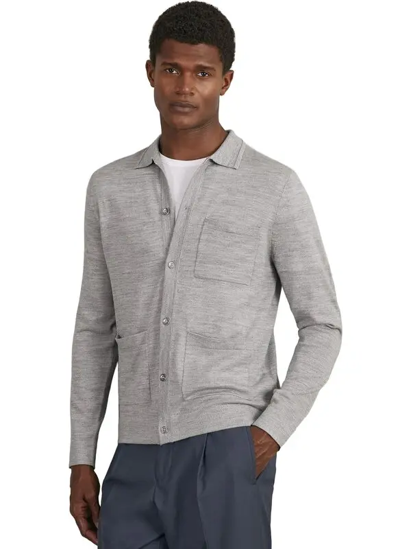 REISS Munich Merino Wool Button-through Shirt - Soft Grey Mouline