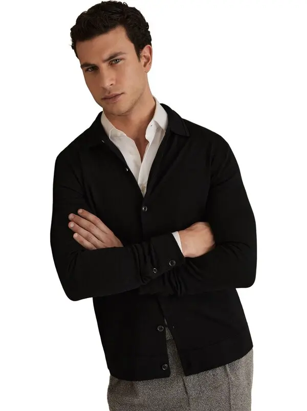 REISS Forbes Merino Wool Button-through Cardigan - Black
