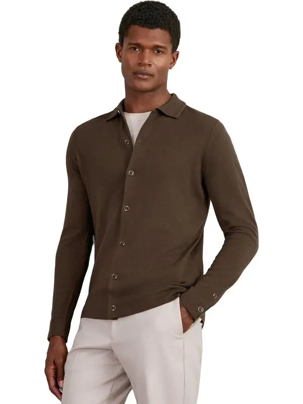 REISS Forbes Merino Wool Button-through Cardigan - Chocolate Brown