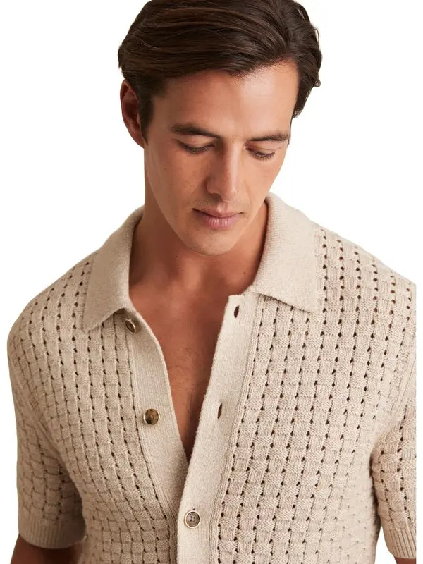 REISS Toby Basketweave Knit Button Through Cotton Blend Shirt - Stone