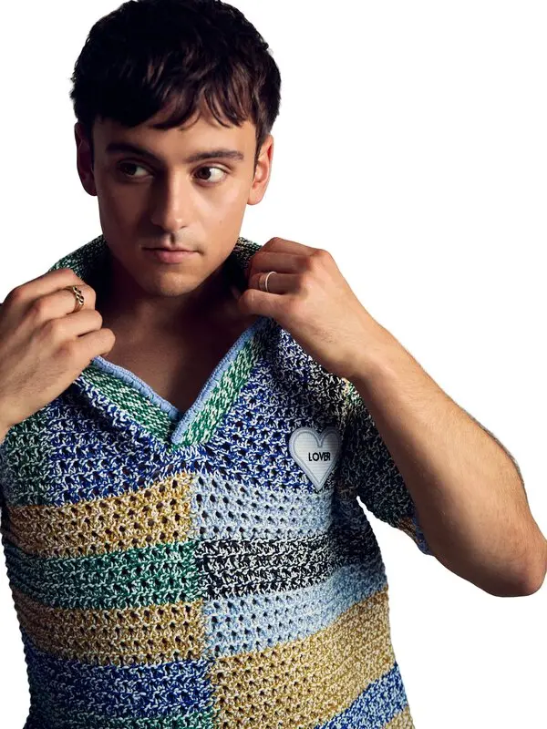 REISS Plato | Tom Daley Crochet Polo Shirt - Yellow/green/blue Multi