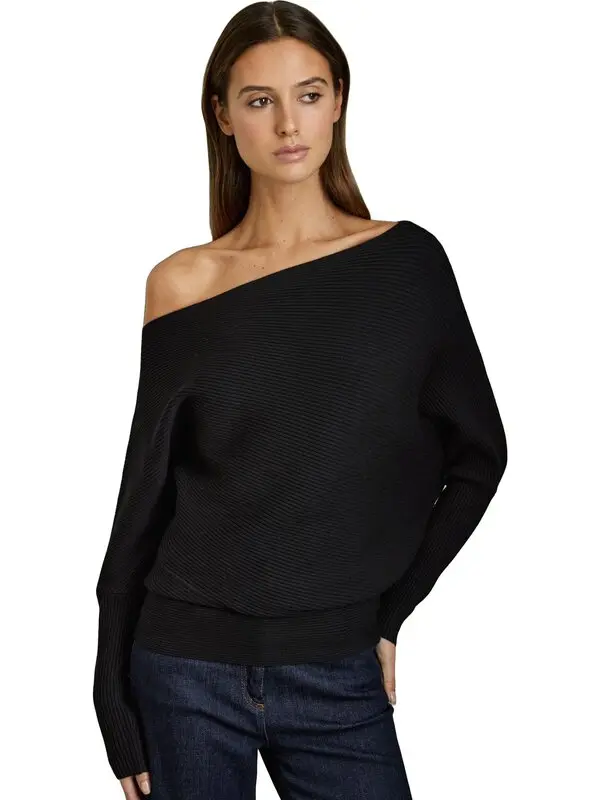 REISS Lorna Asymmetric Draped Knit Top - Black