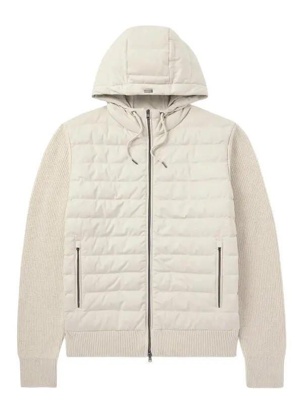 Herno Quilted Microfibre And Ribbed Wool Down Hooded Jacket - Neutrals
