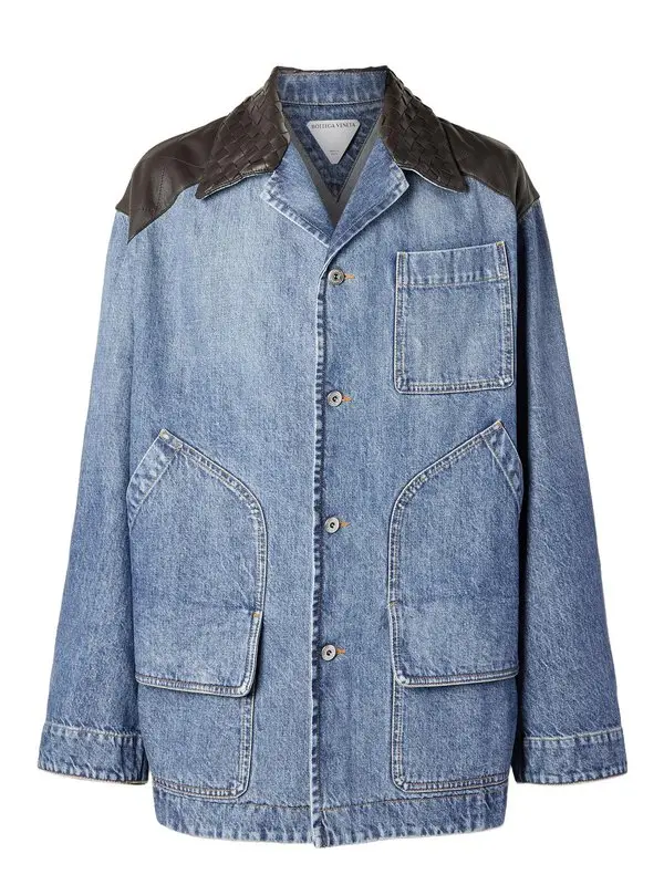 Bottega Veneta Intrecciato Leather-paneled Denim Jacket - Blue