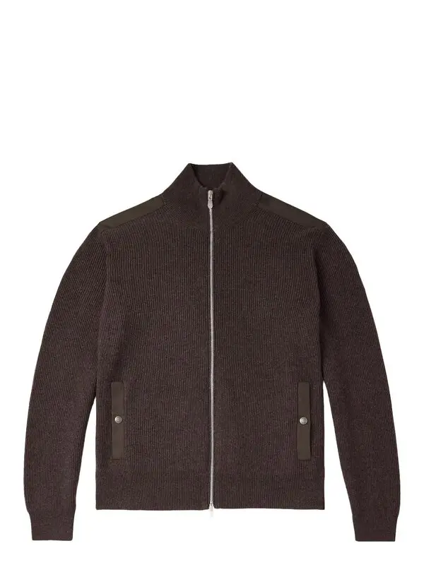 Brunello Cucinelli Cotton-twill Trimmed Ribbed Cashmere Zip-up Cardigan - Brown