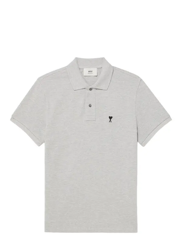 AMI Paris Logo-embroidered Organic Cotton-piqué Polo Shirt - Gray
