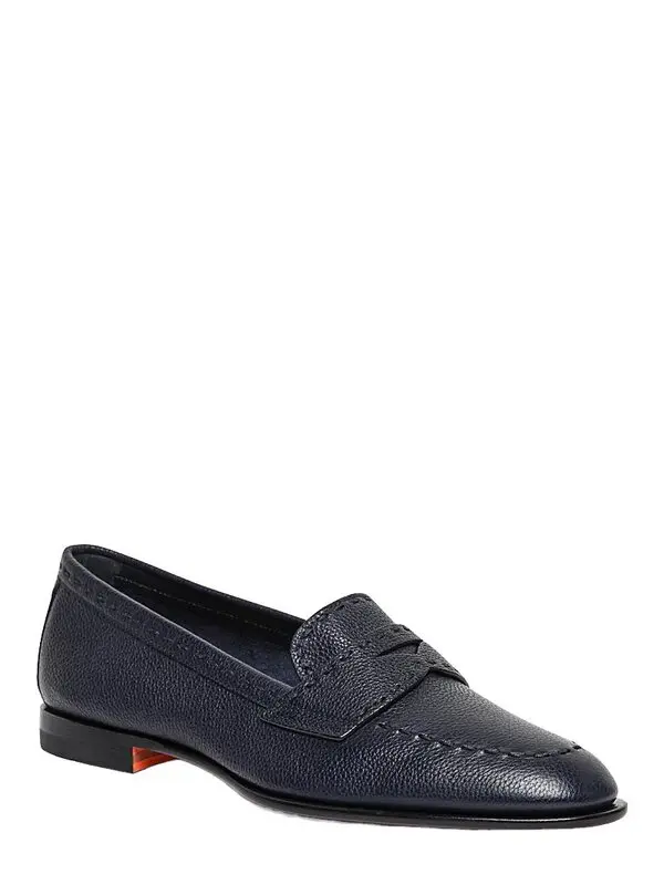 Santoni Tumbled Leather Penny Loafer - Navy