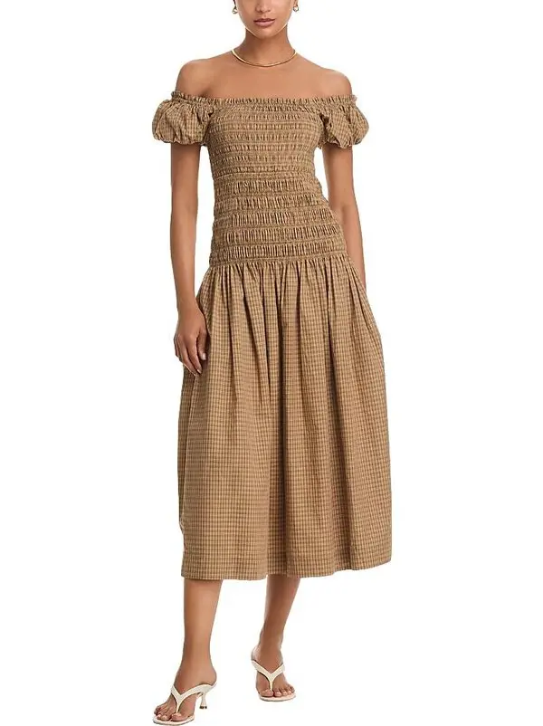 WAYF Cassidy Smocked Midi Dress - Khaki Plaid