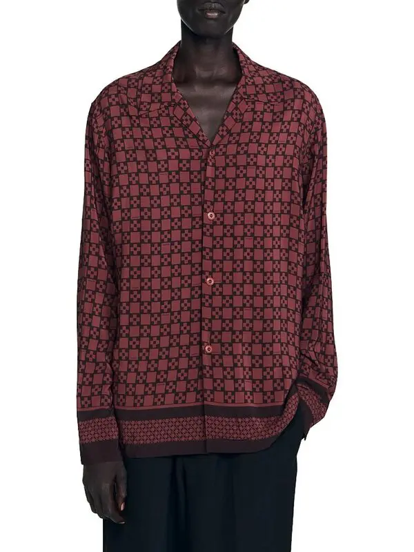 Sandro Printed Loose Fit Button Shirt - Cognac