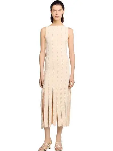 Sandro Fringed Knit Maxi Dress - Neutral / White