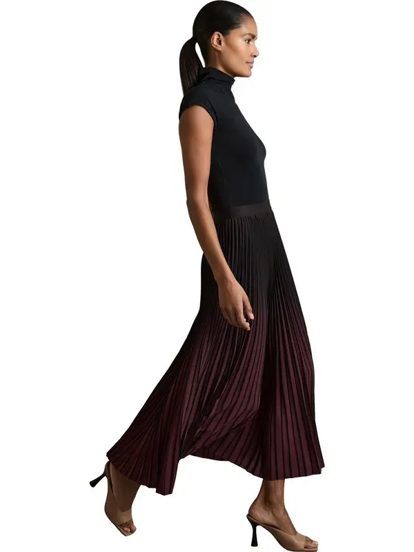 REISS Ombré Pleated Midi Skirt - Burgundy/black