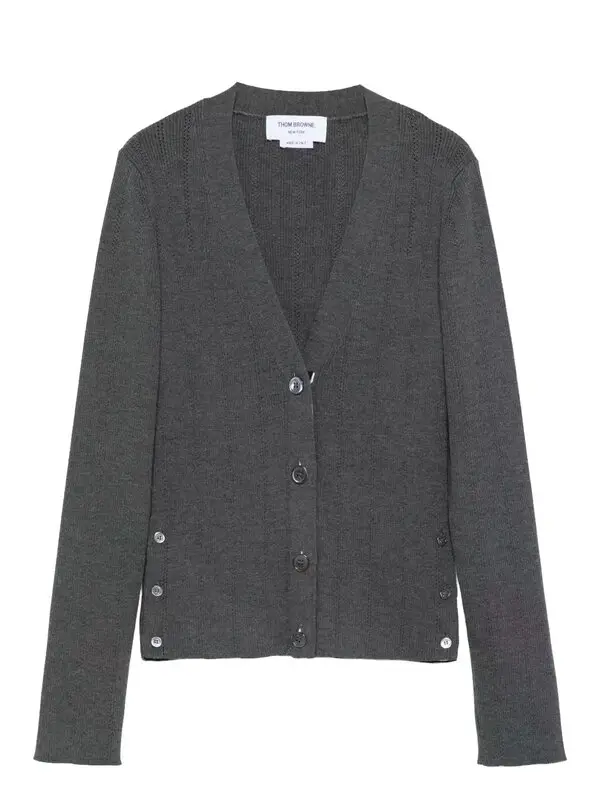 Thom Browne Pointelle Ribbed Knit Cardigan - Grey