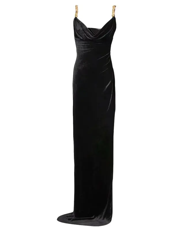 Balmain Embellished Velvet Slit Dress - Black
