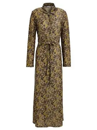 CALIBAN Midi Shirt Dress In Metallic Floral Print - Green