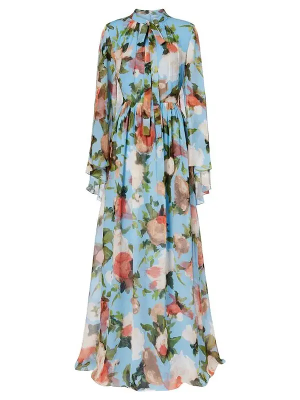 Erdem Caped Floral Silk Voile Gown - Multicoloured