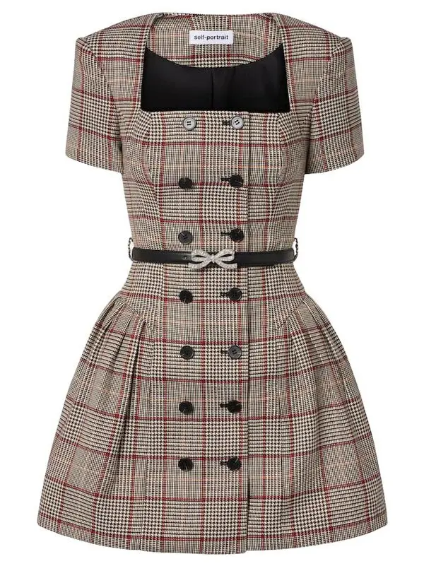 SELF-PORTRAIT Houndstooth Wool-blend Twill Minidress With Detachable Belt - Multicoloured