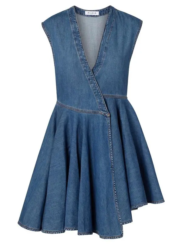 Alaïa Asymmetric Denim Wrap Dress - Blue