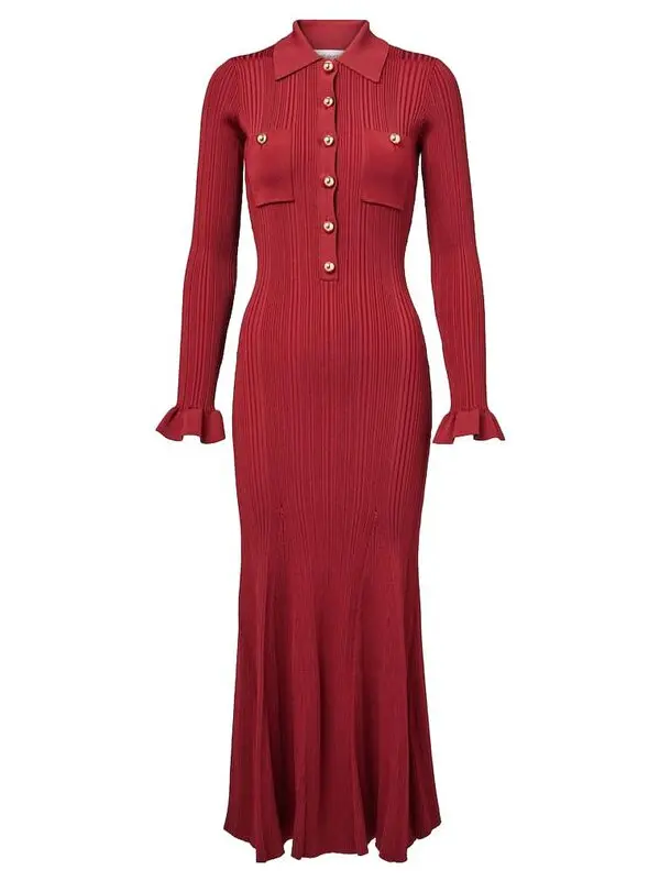 SELF-PORTRAIT Ribbed-knit Midi Dress - Burgundy