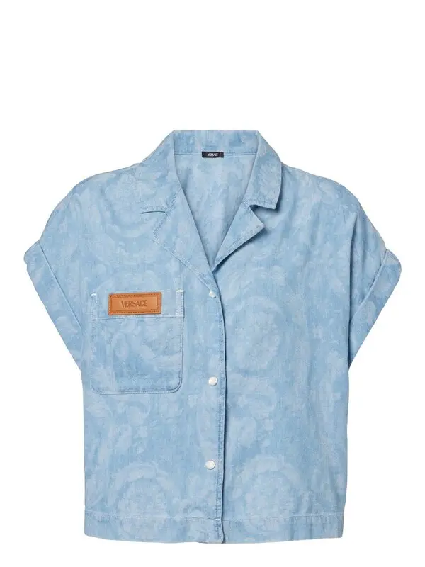 Versace Barocco Cropped Denim Chambray Shirt - Blue