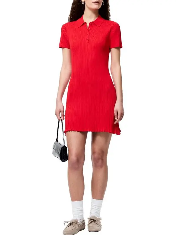 French Connection Crinkle Knit Polo Minidress - 60-mars Red