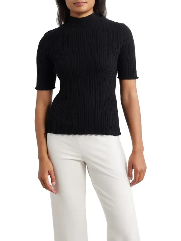 Anne Klein Short Sleeve Mock Neck Cotton-blend Sweater - Anne Black