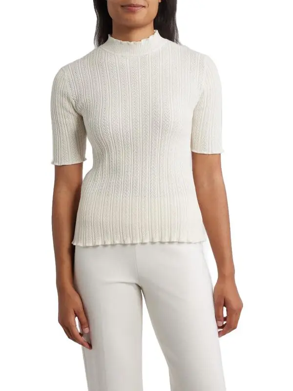 Anne Klein Short Sleeve Mock Neck Cotton-blend Sweater - Creamy White