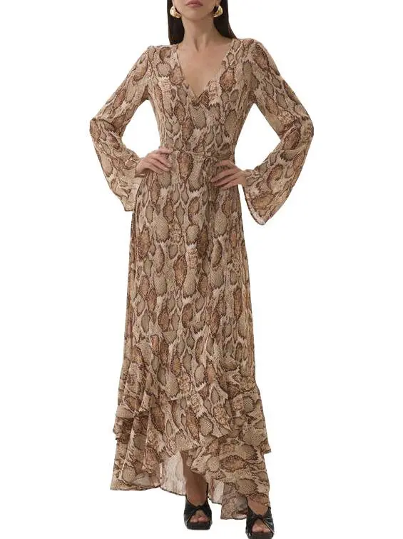 AFRM Mimi Snakeskin Print Long Sleeve Wrap Dress - Sand Snake