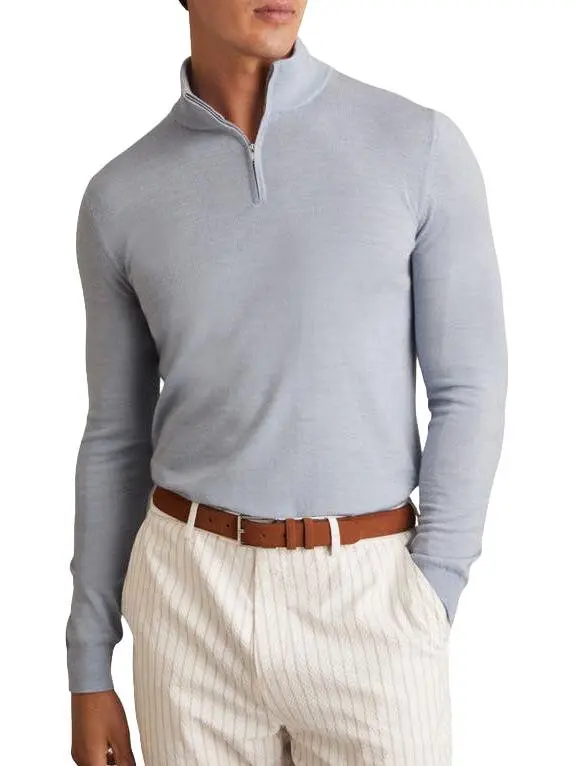 REISS Merino Wool Quarter Zip Pullover - Soft Blue
