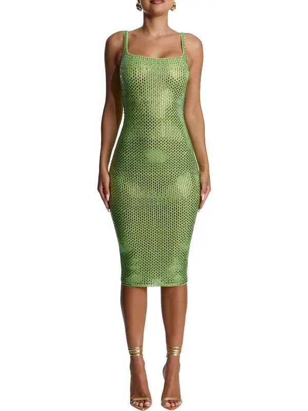 Naked Wardrobe Rhinestone Embellished Mesh Midi Dress - Chartreuse