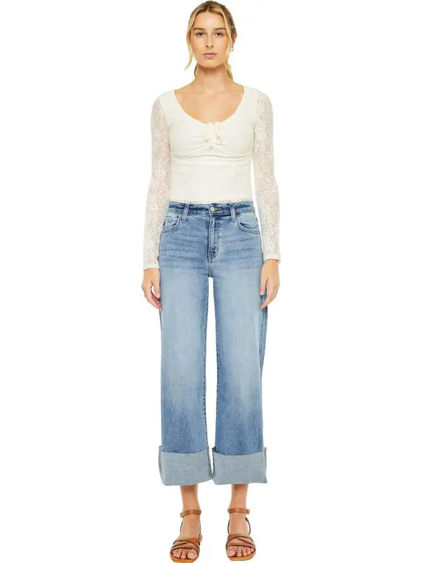 KANCAN Leslie High Rise Crop Wide Leg Jeans - Medium Wash