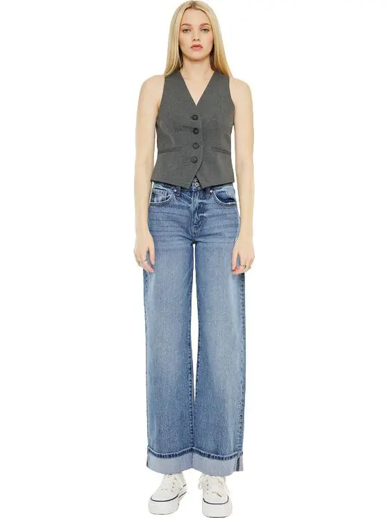 KANCAN High-rise Wide Leg Cuffed Jeans - Medium Wash