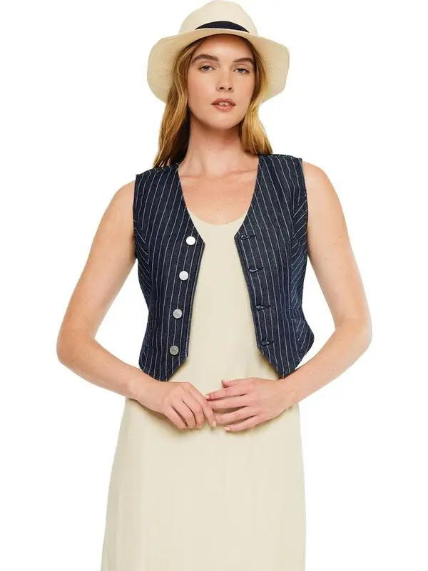 KANCAN Shelley Stripe Tailored Vest - Dark Wash