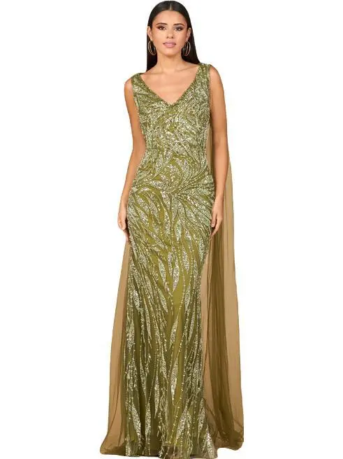 LARA NEW YORK V-neck Gown With Long Cape Sleeves - Olive