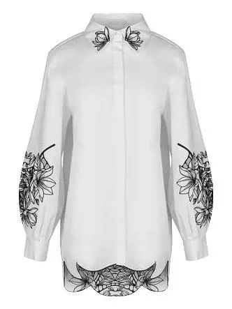 Anne Fontaine Long-sleeve Cotton Poplin Shirt With Embroidered Flowers - Black/white