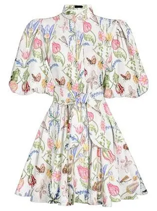 NO PISE LA GRAMA Bromelia Mini Linen Dress - Tulipan White Print